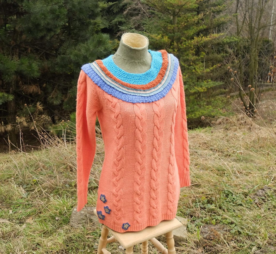 Cable Sweater Coral Pink Gypsy Jumper Reworked Jersey - Etsy