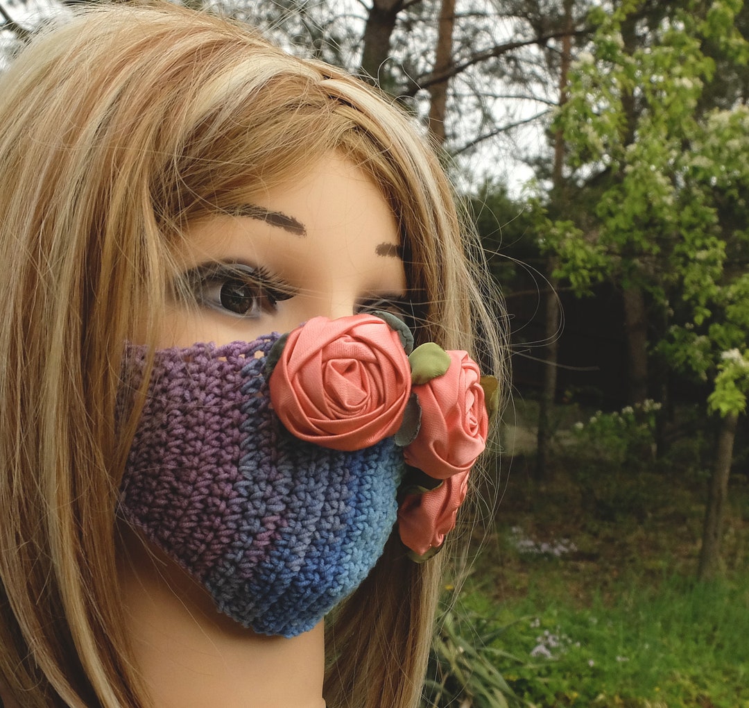 Pink Roses Face Mask, Floral Facemask, Crochet Face Protector, Reusable ...