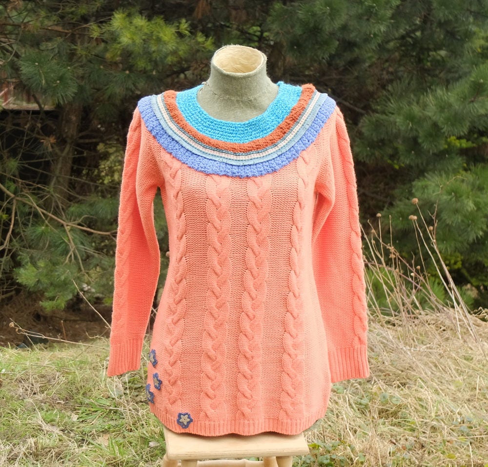 Cable Sweater Coral Pink Gypsy Jumper Reworked Jersey - Etsy
