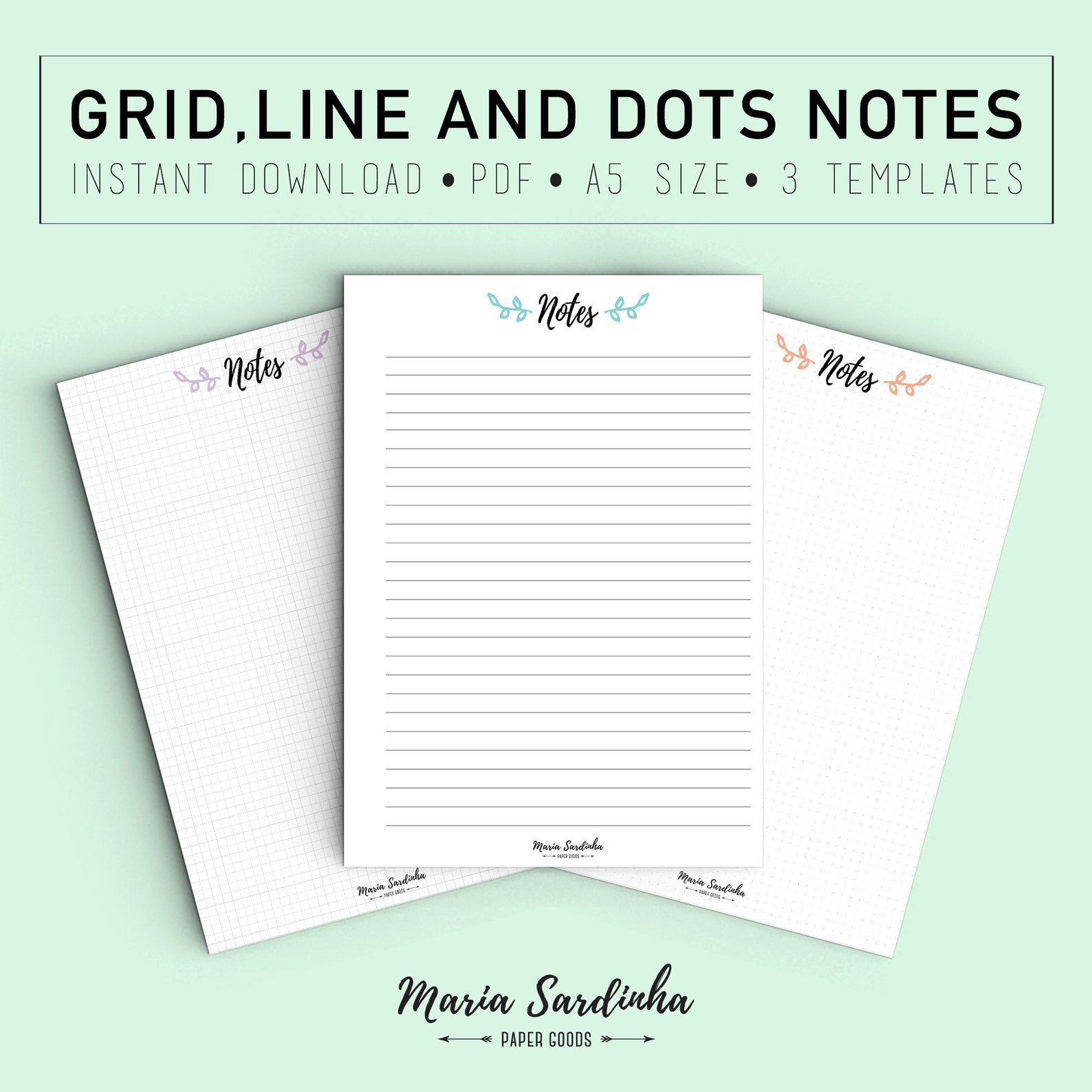 Grid, Lined and Plain Notes, Printable A5 Notes, Planner and Organizers ...