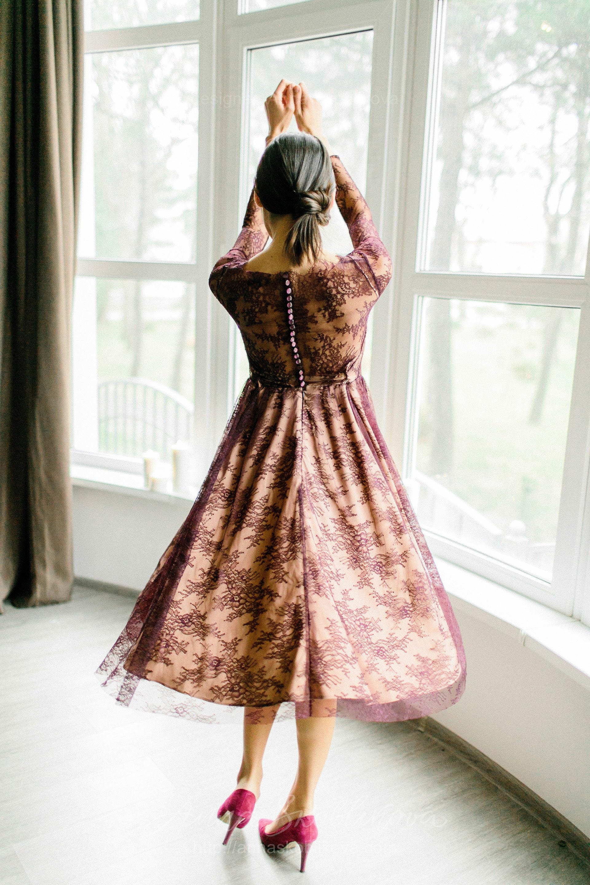 Tea Length Wedding Dress Evening Lace Tea Length Dress | Etsy