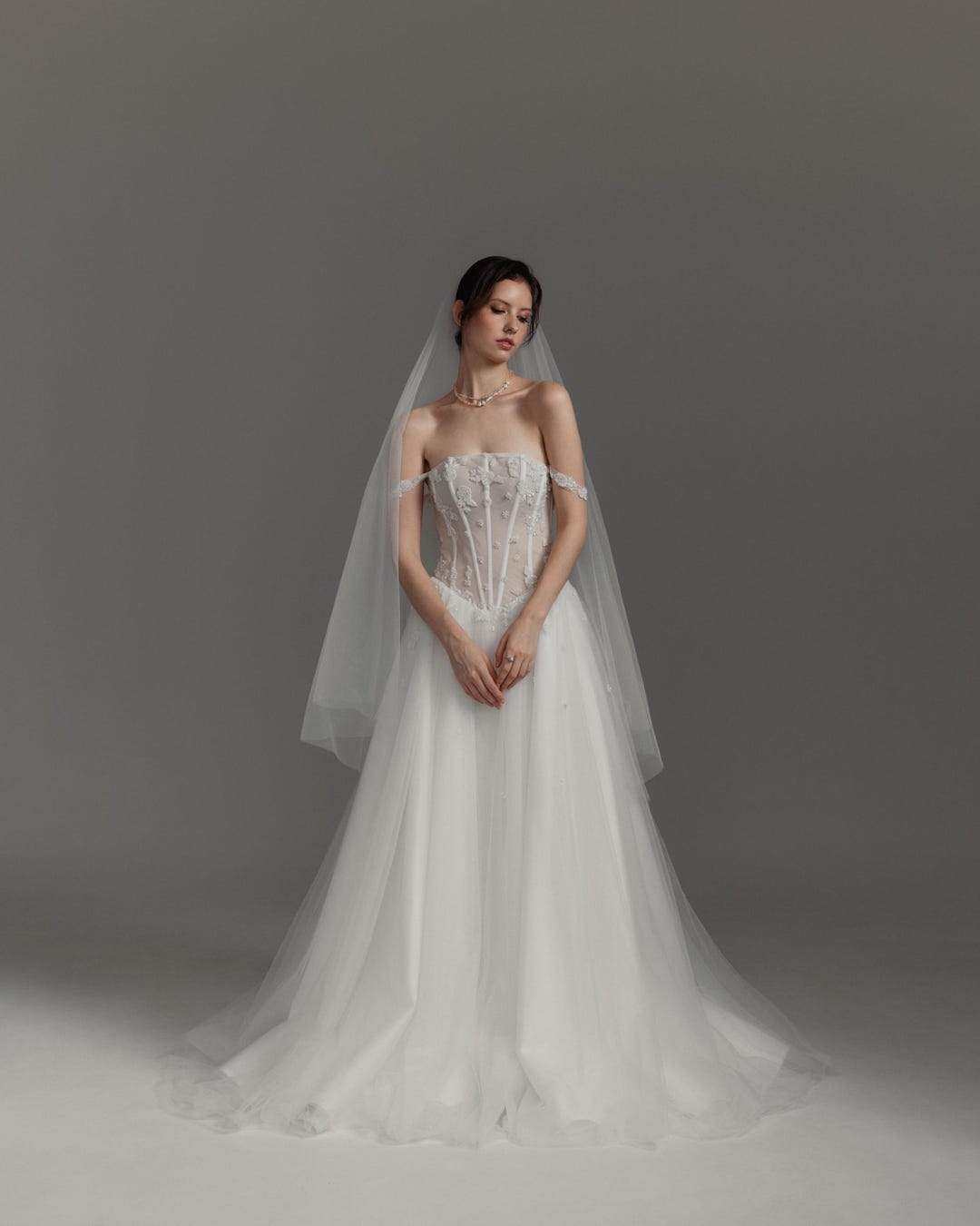 Corset Drop Waisted Wedding Dress - 0246 off Shoulder Straps Floral ...