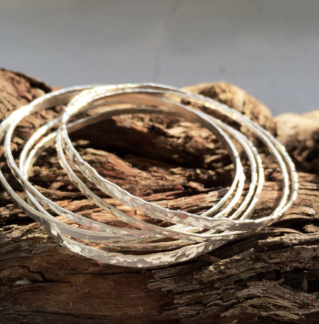 Silver Stacking Bangles, a Set of 6 Gorgeous Hammered Sterling Silver ...