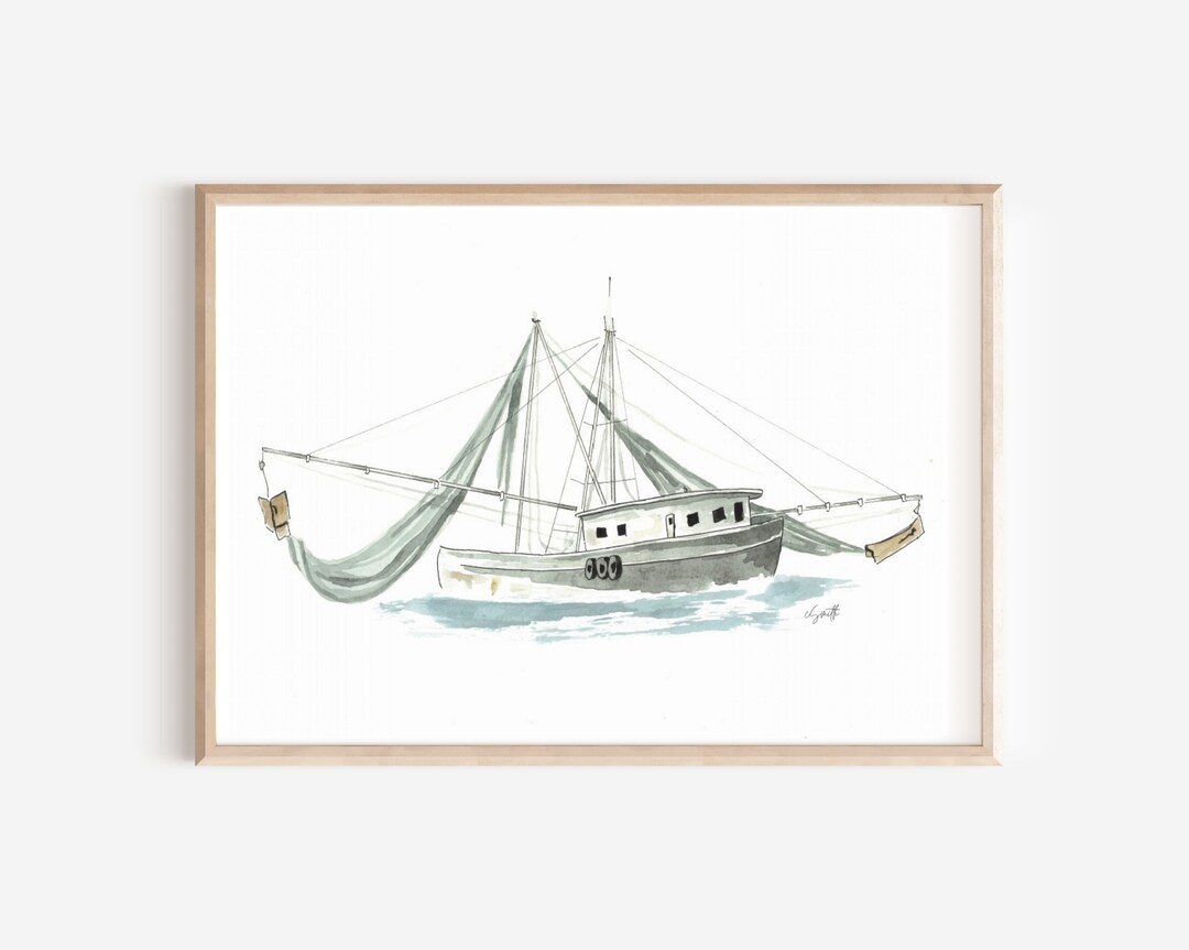 Shrimp Boat Print, Shrimp Boat Art, Watercolor Shrimp Boat Painting ...
