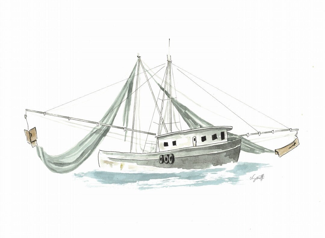 Shrimp Boat Print, Shrimp Boat Art, Watercolor Shrimp Boat Painting ...