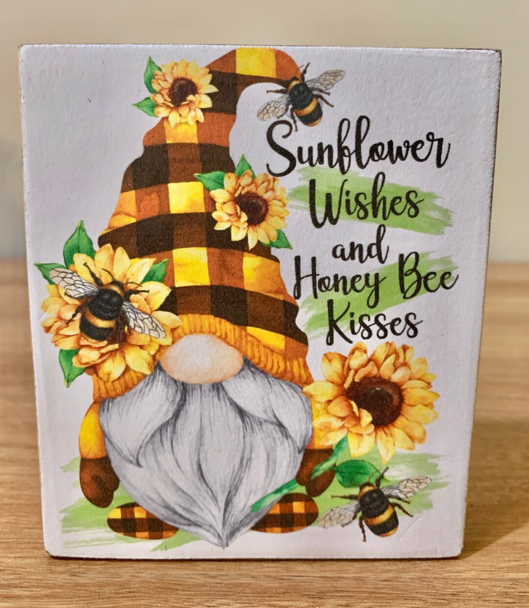 Summer Time Bee Gnome With Sunflowers and Bees Wooden Block Sign, Fall ...
