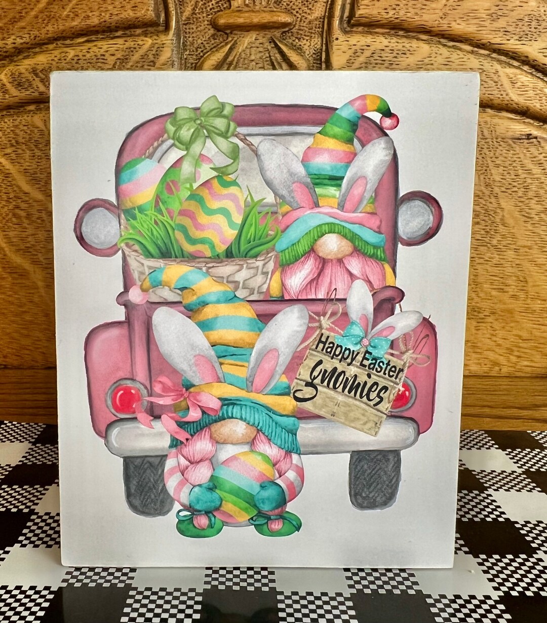 Easter Bunny Gnomes in a Pink Truck Wooden Block Sign Easter - Etsy