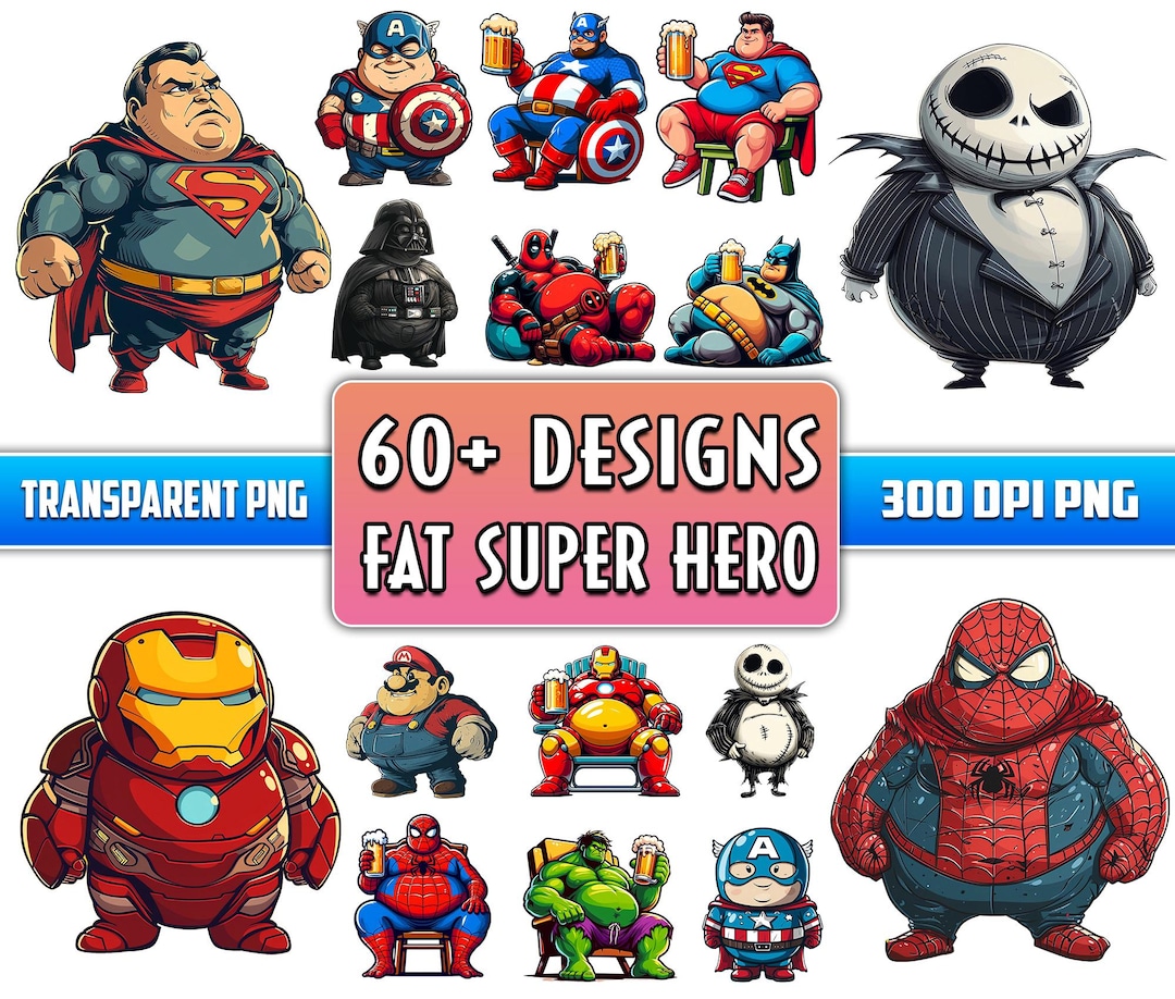 60 Designs Fat Super Hero Png Bundle, Cartoon Characters Bundle Png ...