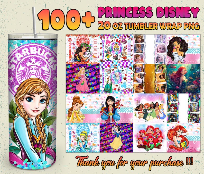 100 Designs Princess Characters 20oz Tumbler Wrap Bundle PNG, Movie ...