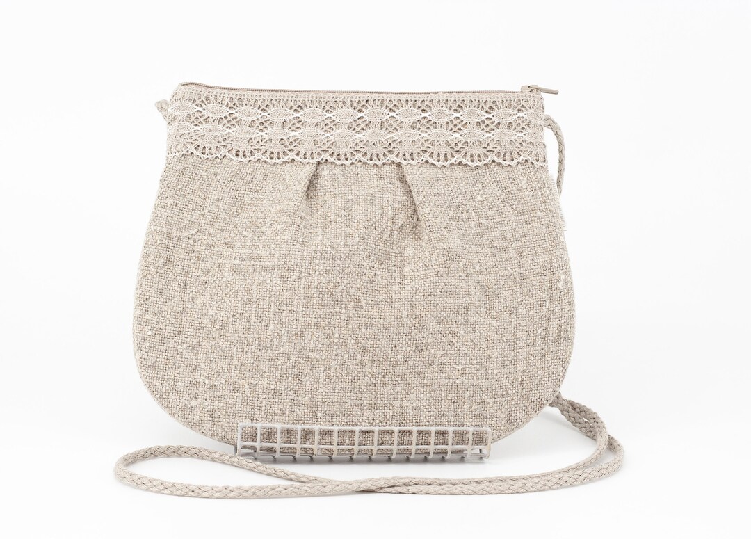 Pure Linen Crossbody Bag With Lace, Natural Flax Bag for Women, Burlap ...