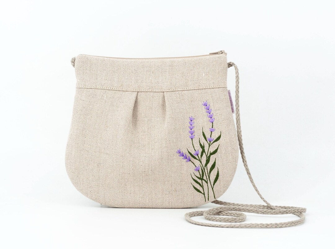 Thick Linen Crossbody Bag, Purse With Lavender Embroidery, Embroidered ...