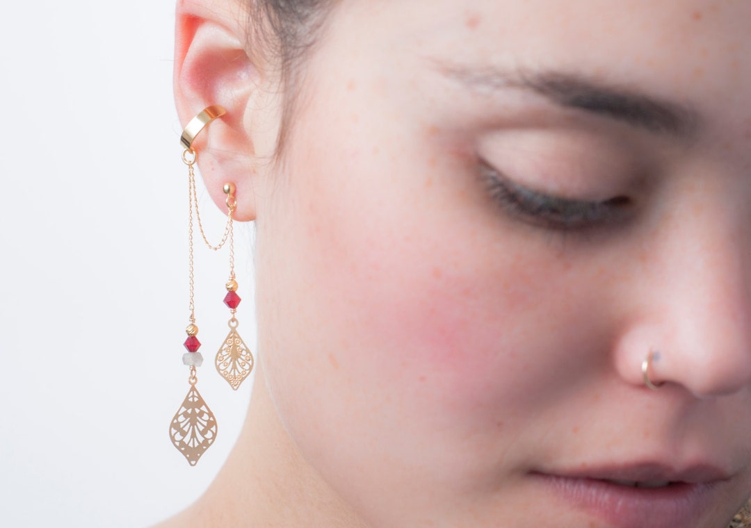 GOLD Ethnic Pendant Dangle Ear Cuff Earring, One of A Kind Maroon ...