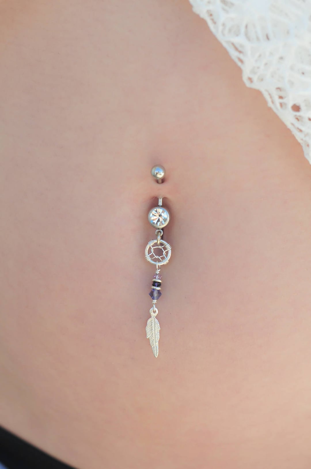 Silver Handmade Dream Catcher, Feather & Gemstone Belly Button Piercing ...