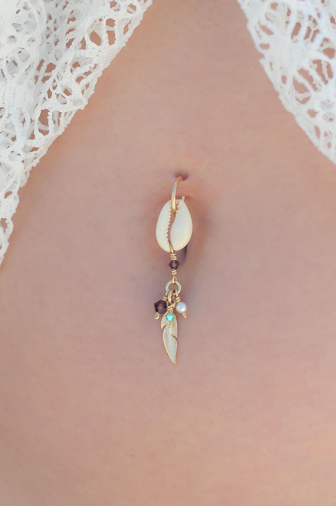 Cowrie Shell Belly Button Piercing, Feather Pendant & Pearl Bead Belly ...