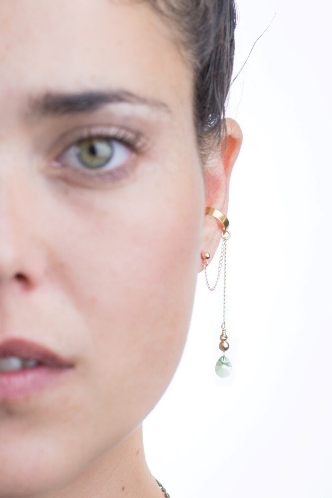Gold Ear Cuff With Clear Green Swarovski Crystal Drop, No Pierce Dangle ...