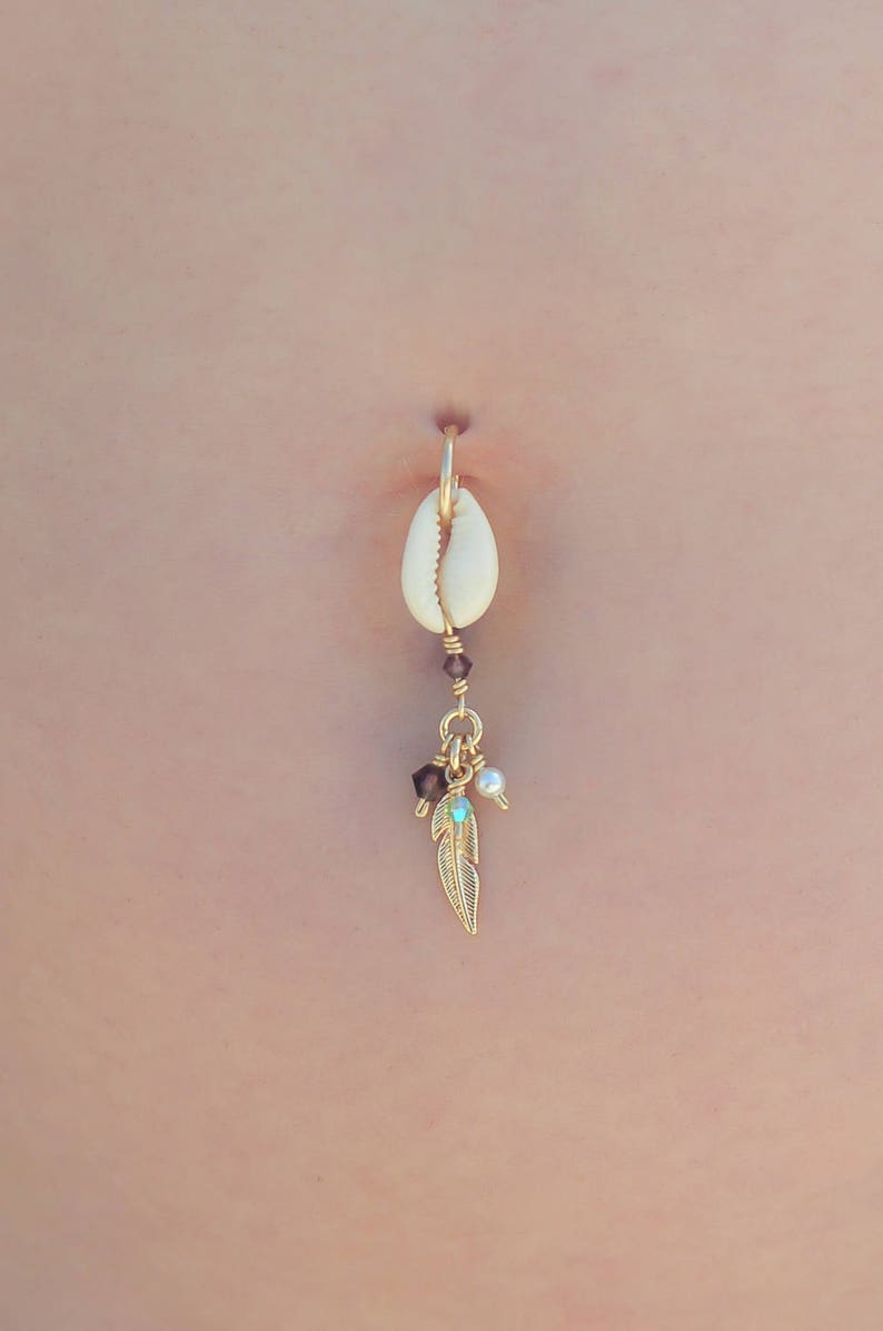 Cowrie Shell Belly Button Piercing Feather Pendant & Pearl - Etsy