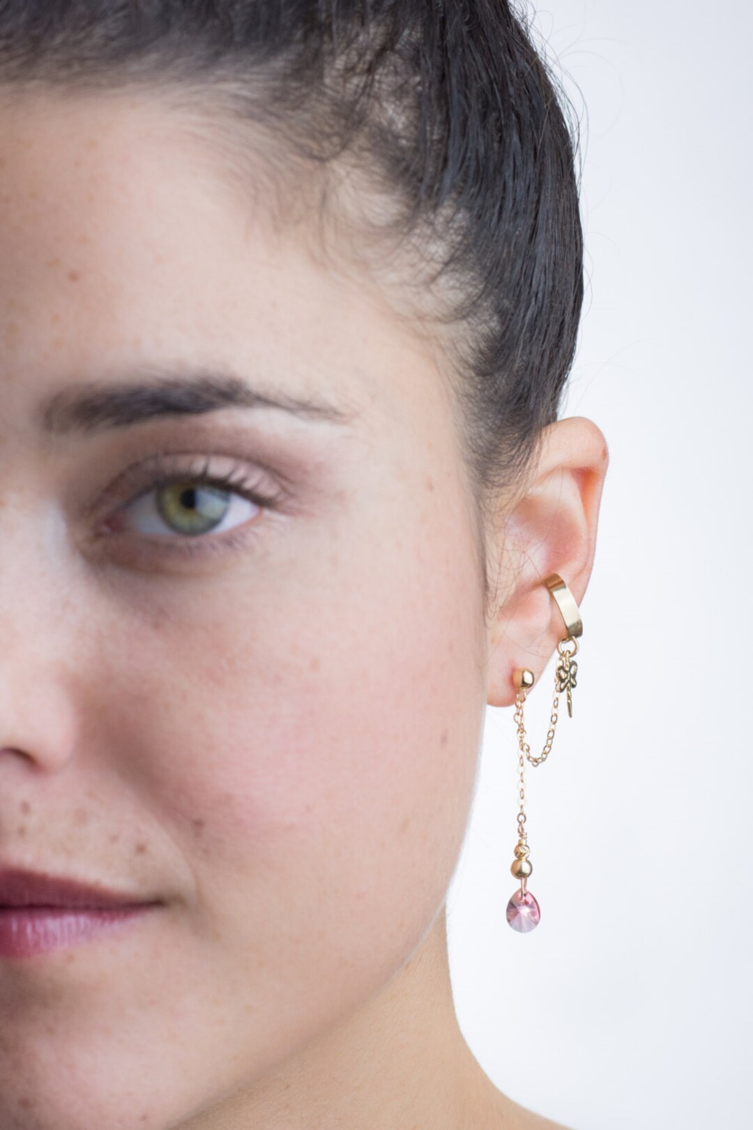 Gold Dragonfly Ear Cuff Dangle Earring Set, Clear Red Crystal Earring ...