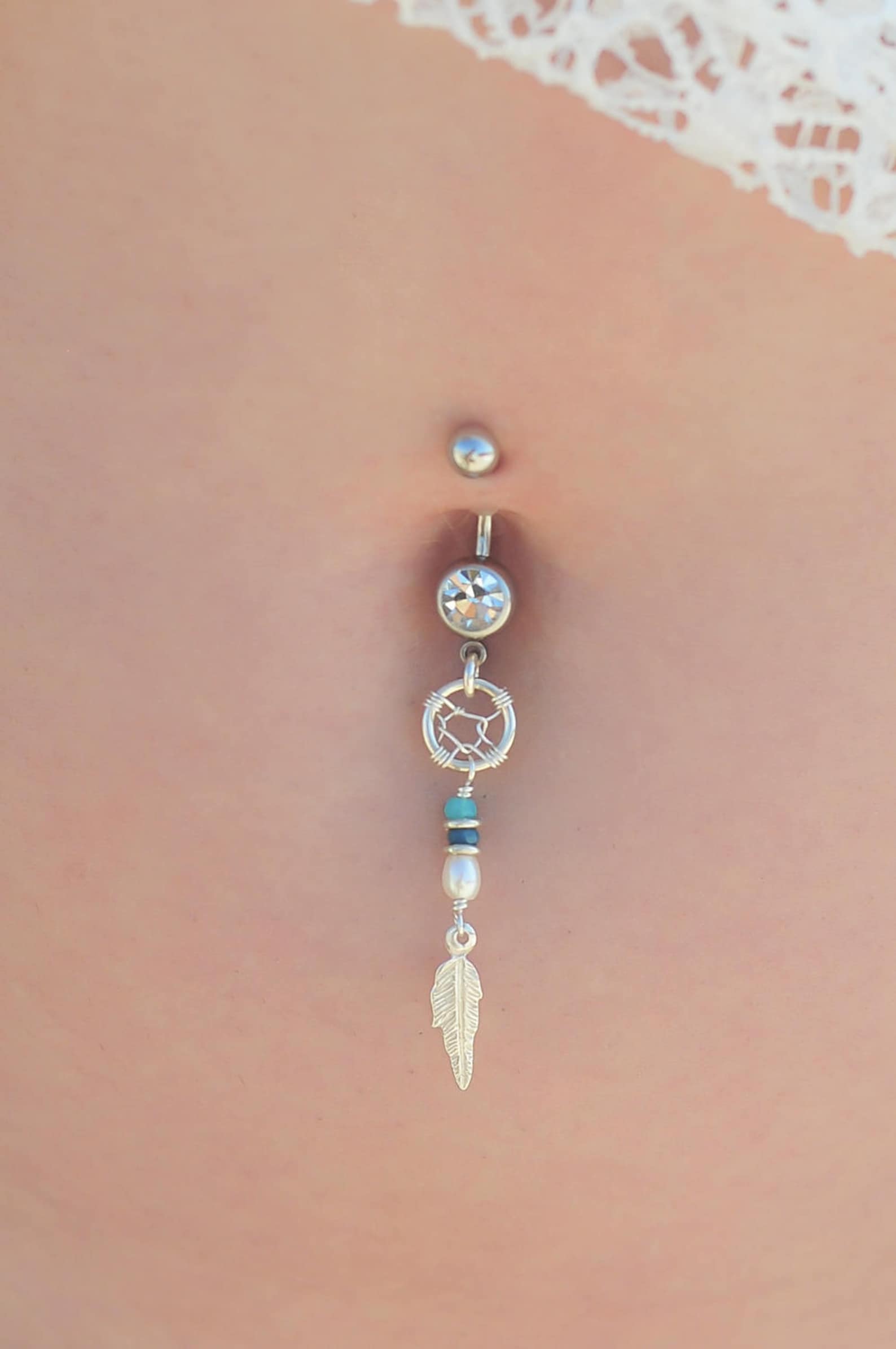 Gift Idea, Silver Dream Catcher, Feather Pendant & Pearl Belly Button ...