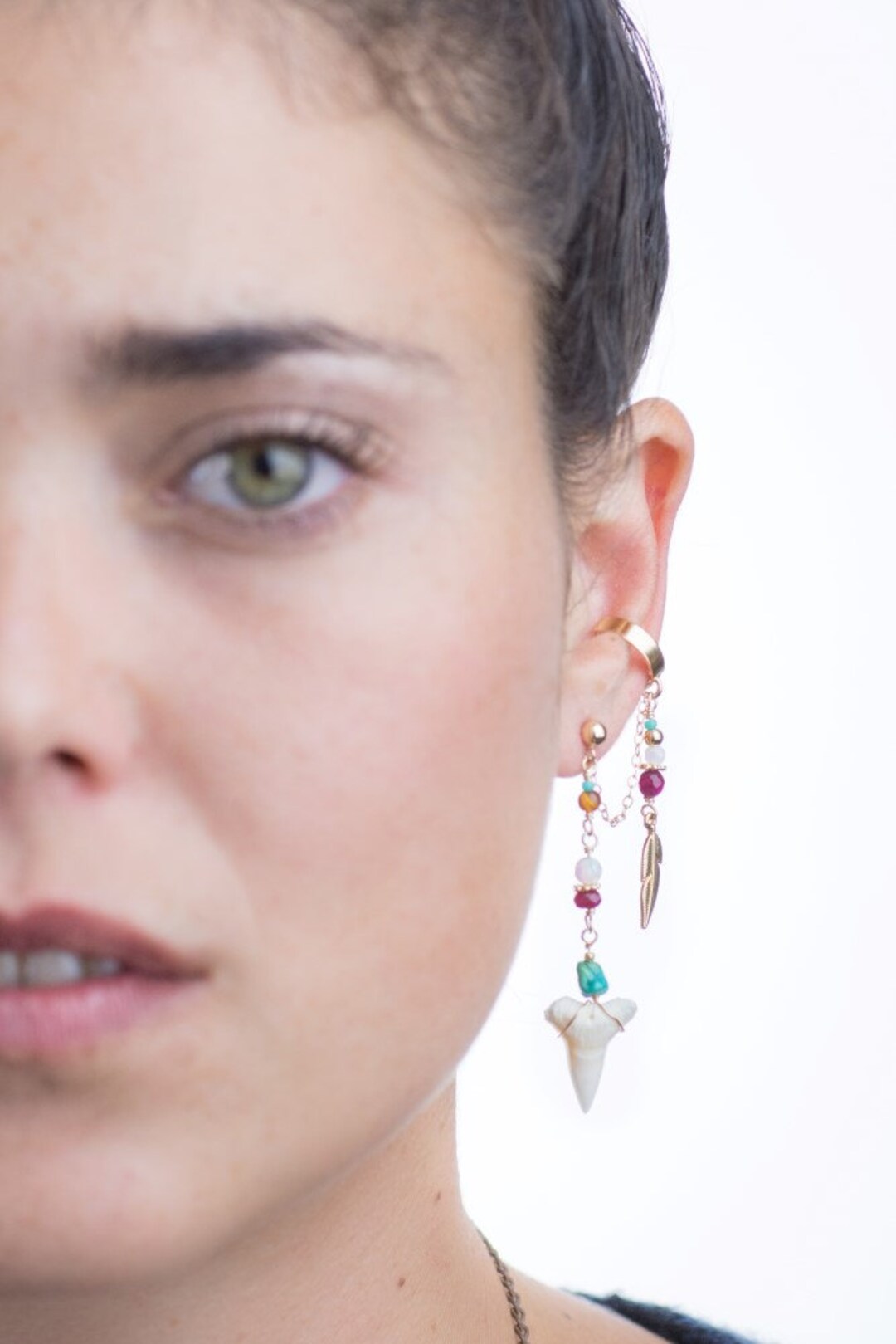 Handmade Bohemian Ear Cuff Earring With Real Shark Tooth and Genuine ...