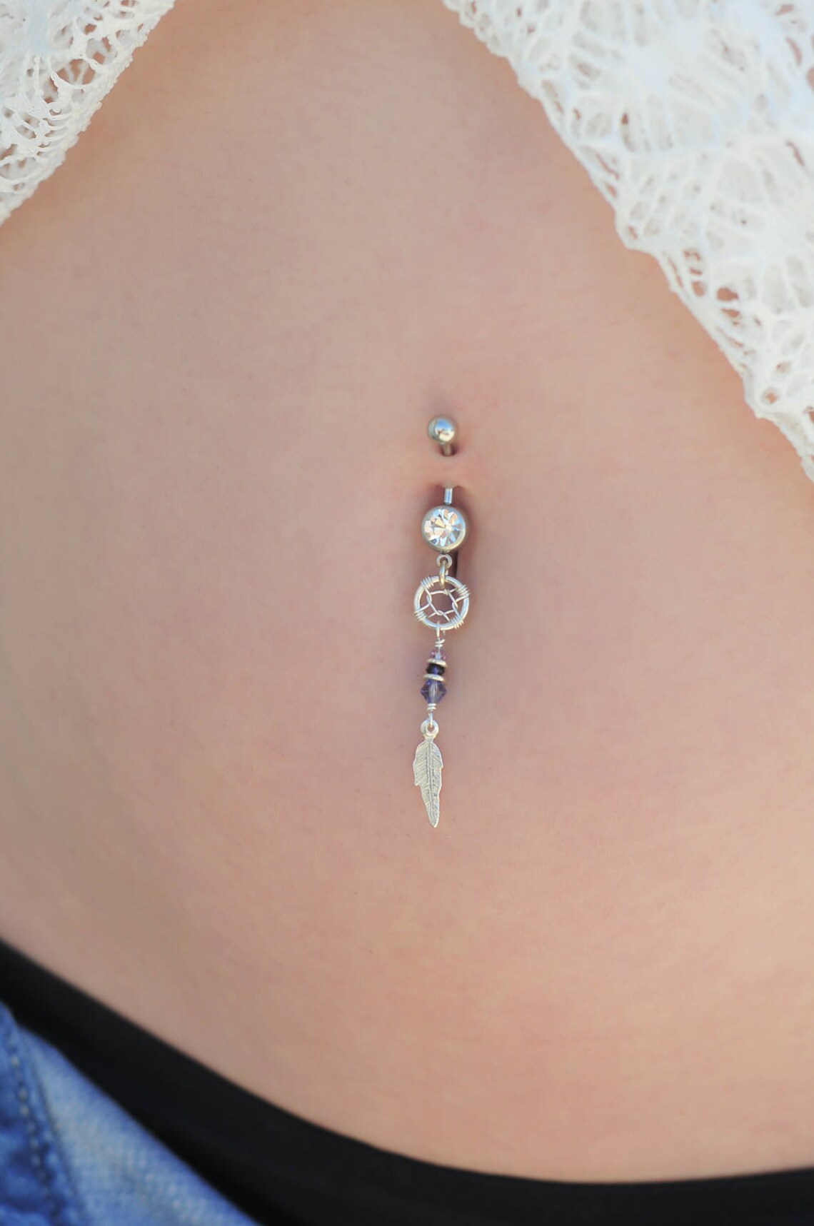 Silver Handmade Dream Catcher, Feather & Gemstone Belly Button Piercing ...