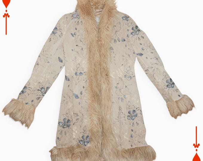 Beige Suede Penny Lane Coat With Floral Pattern & Faux Fur – 70s Boho ...