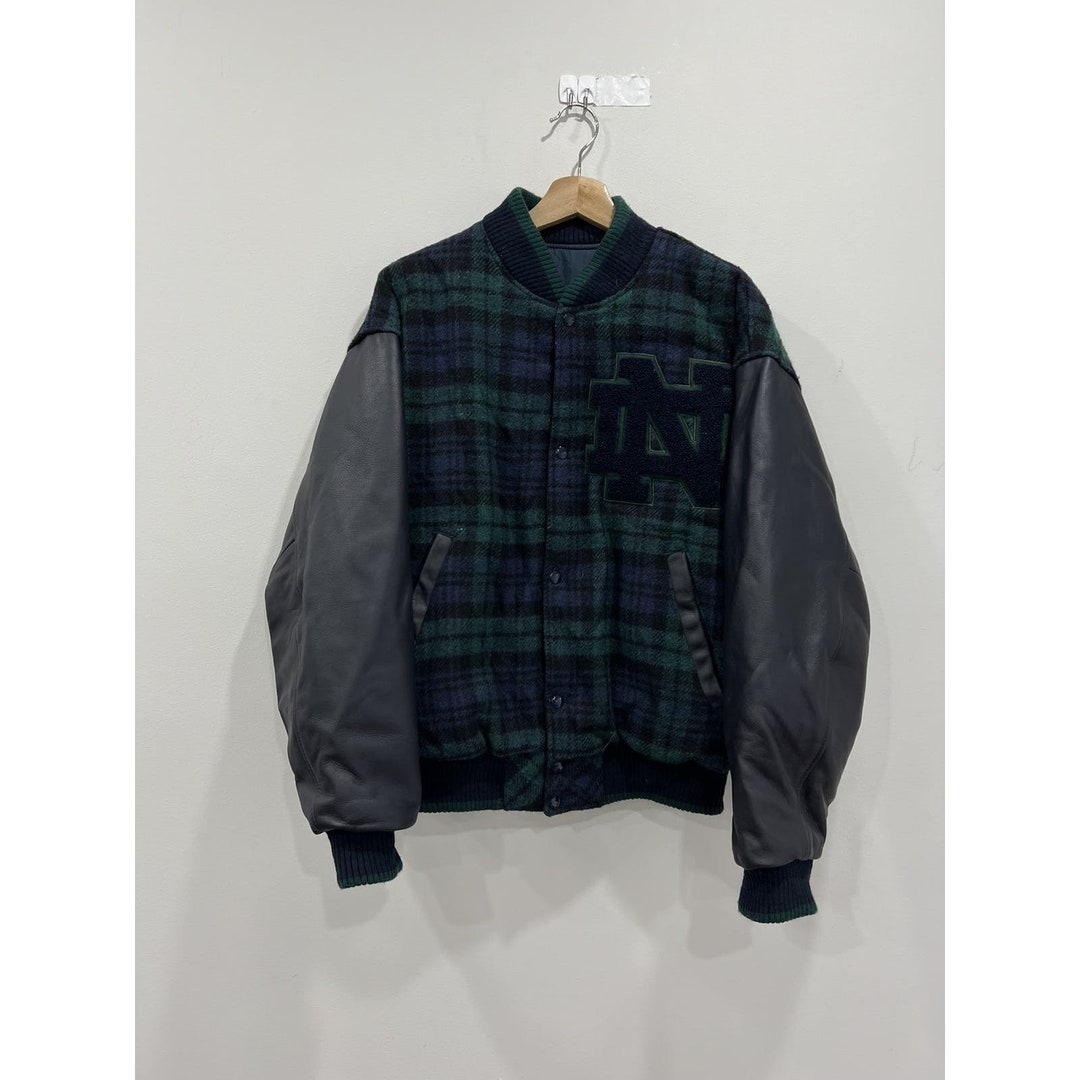 Vintage 90s Notre Dame Varsity Jacket Wool Leather Plaid ND - Etsy