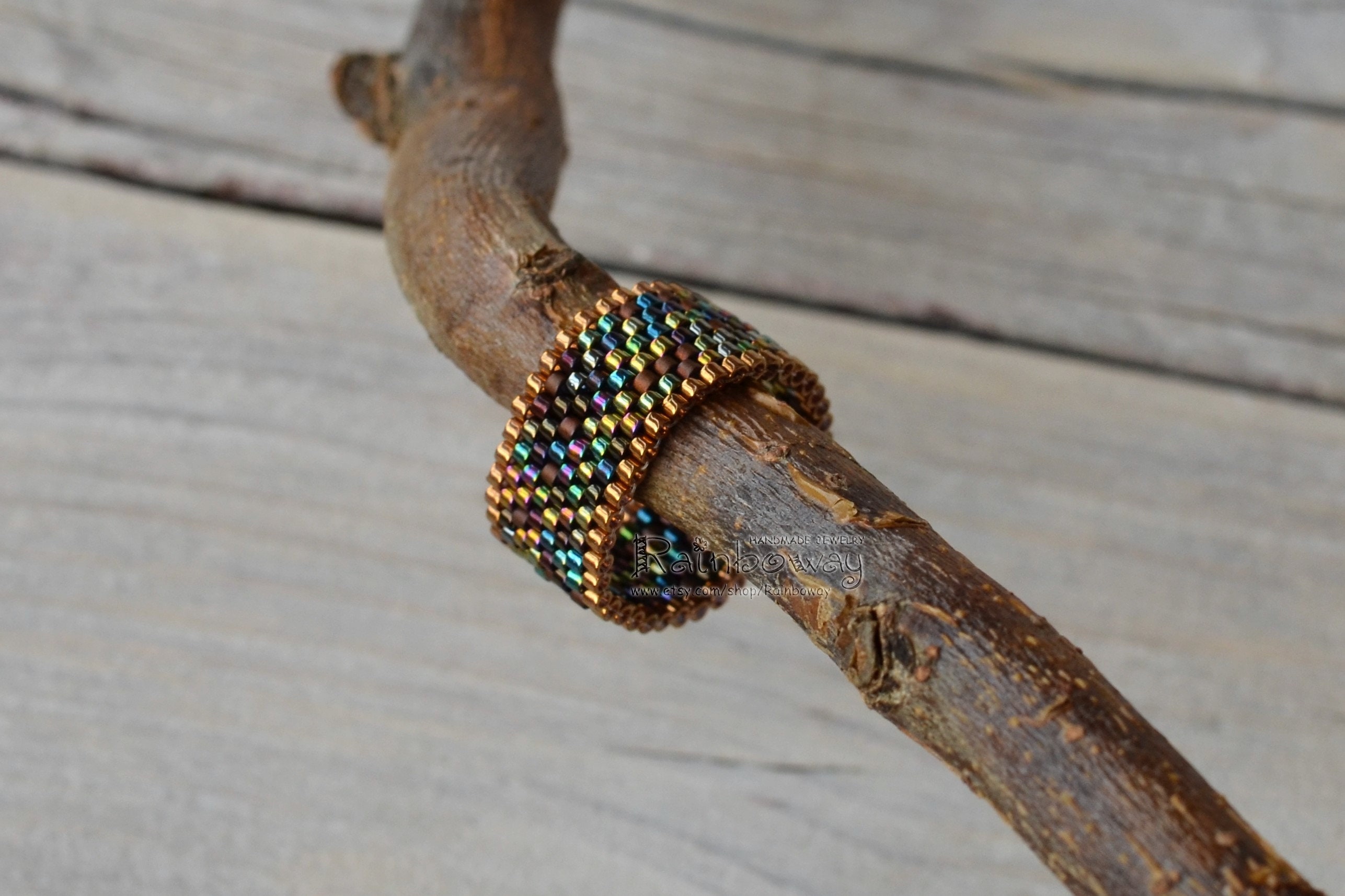 Gold Iridescent Peyote Ring Beaded Striped Ring Multicolor - Etsy