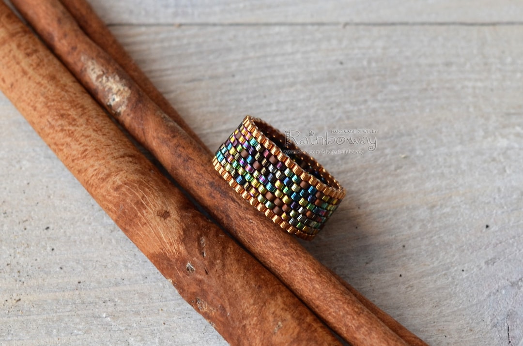 Gold Iridescent Peyote Ring Beaded Striped Ring Multicolor Peyote Ring ...