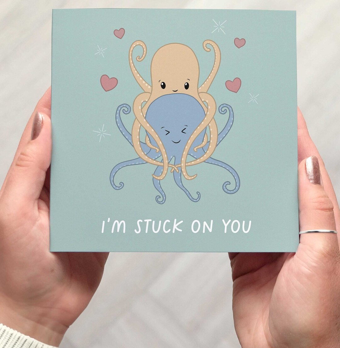 Cute Octopus Anniversary Card, Pun Card, I'm Stuck on You, for Her, for ...