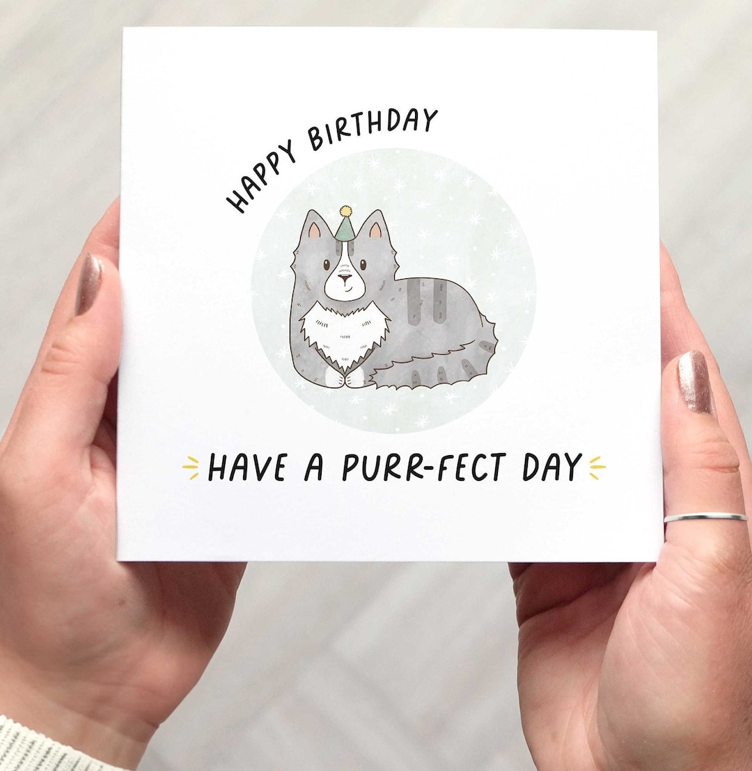 CAT BIRTHDAY CARD , Purr-fect Pun Birthday Card, Illustrated Cat Happy ...