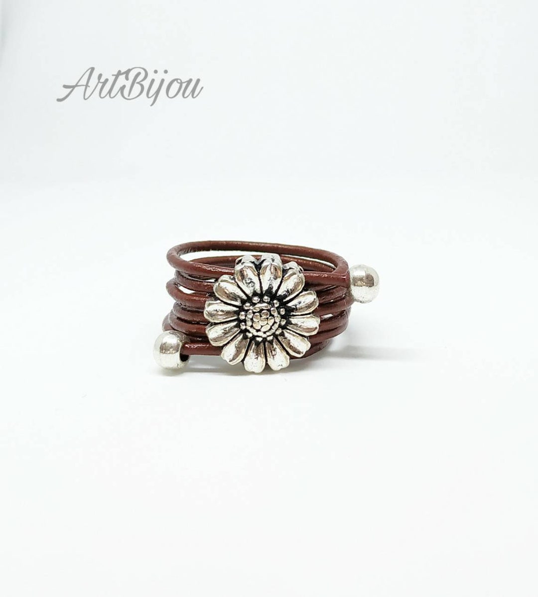Leather Ring, Flower Ring, Sunflower, Zamak Ring, Adjustable, Modern ...