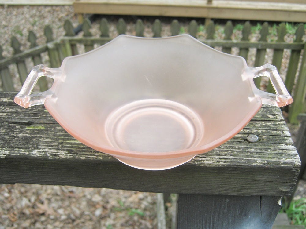 Pink Frosted Glass Bowl Footed Two Handles Octagon Shaped Etsy