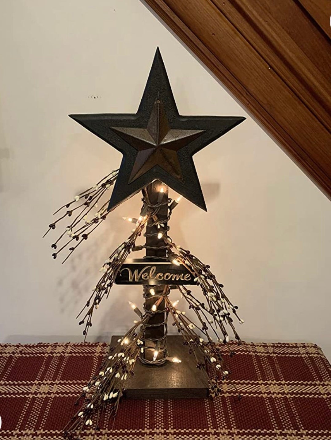 Lighted Wood Star Stand Pip Berries Burgundy Cream Table Top Decor ...