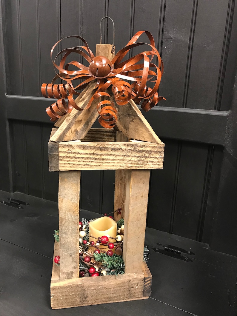 Primitive Wood Lantern With Rusty Bows Christmas Holiday | Etsy