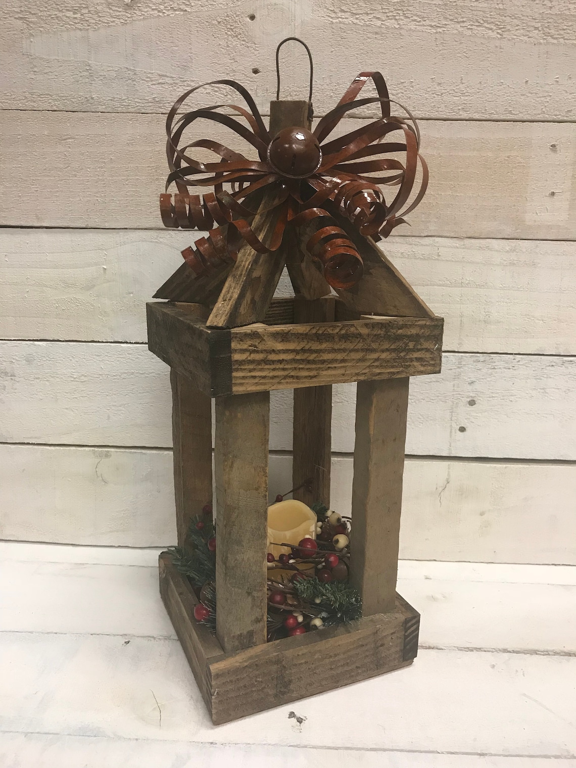 Primitive Wood Lantern With Rusty Bows Christmas Holiday Centerpiece ...