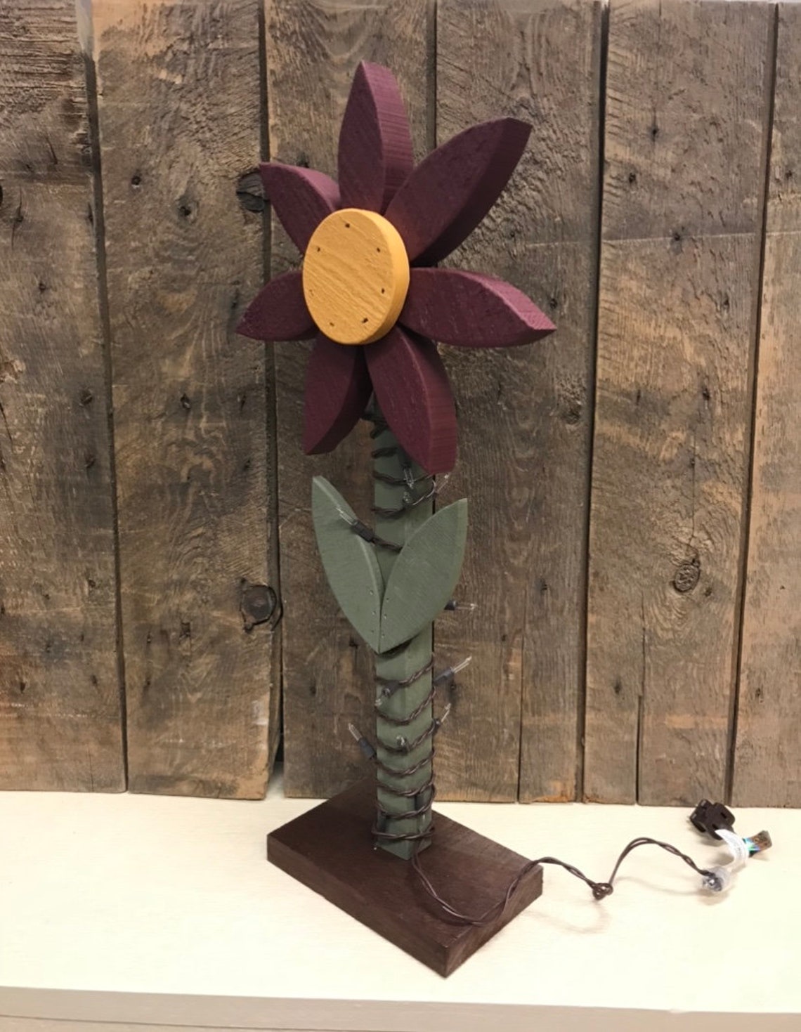 Wood Flower on Stand With Lights Table Top Home Decor Farmhouse Country ...