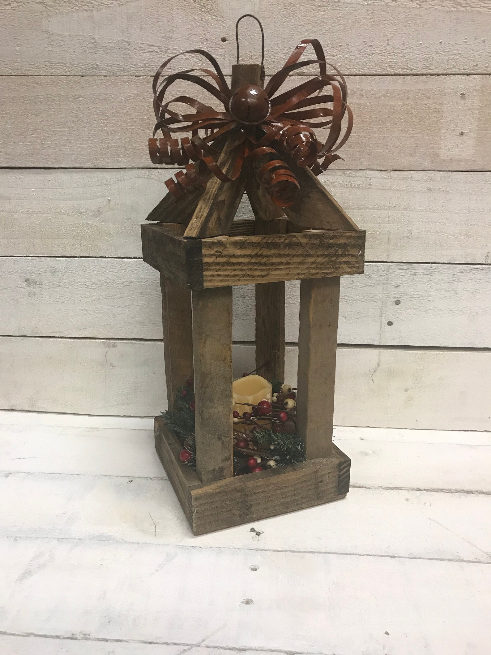 Primitive Wood Lantern With Rusty Bows Christmas Holiday | Etsy