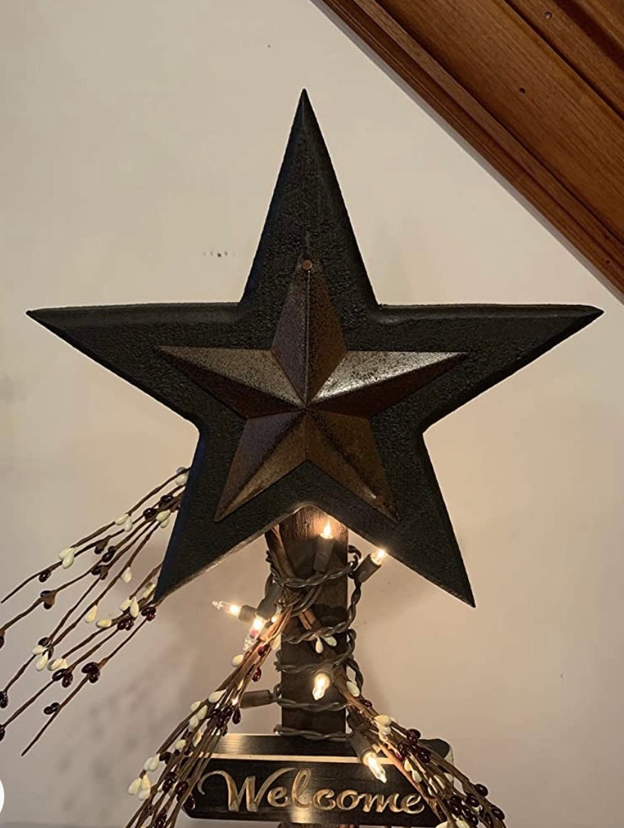 Lighted Wood Star Stand Pip Berries Burgundy Cream Table Top Decor ...
