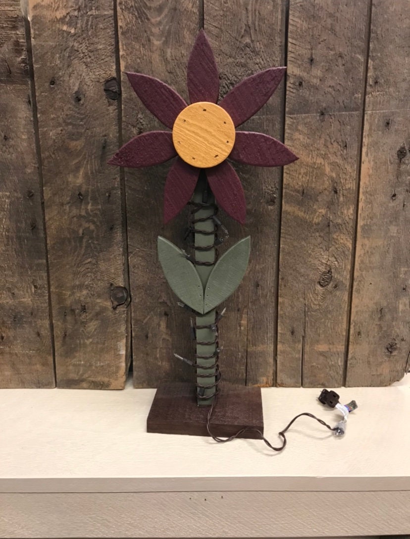 Wood Flower on Stand With Lights Table Top Home Decor Farmhouse Country ...