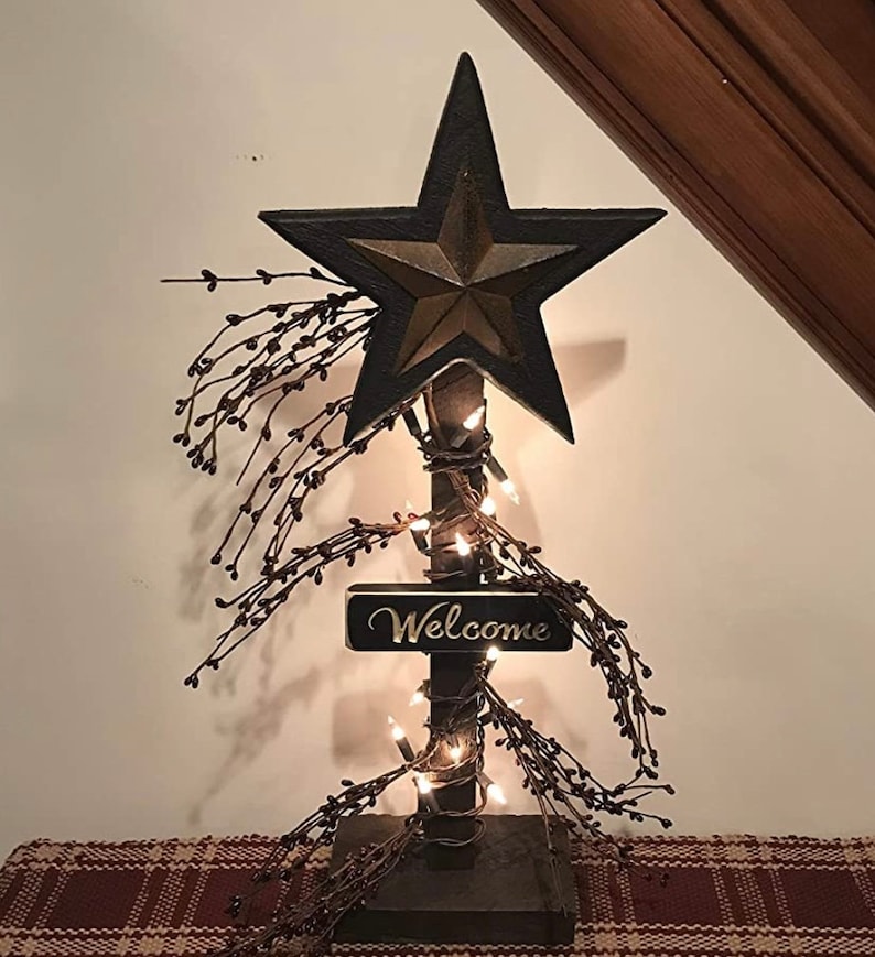 Battery Operated Wood Star Lighted Pip Berries Table Top Stand Decor ...