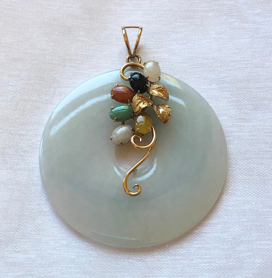 14K Gold Jade Pendant 52mm, Multi Color Jade, Green Jade Donut Pendant ...