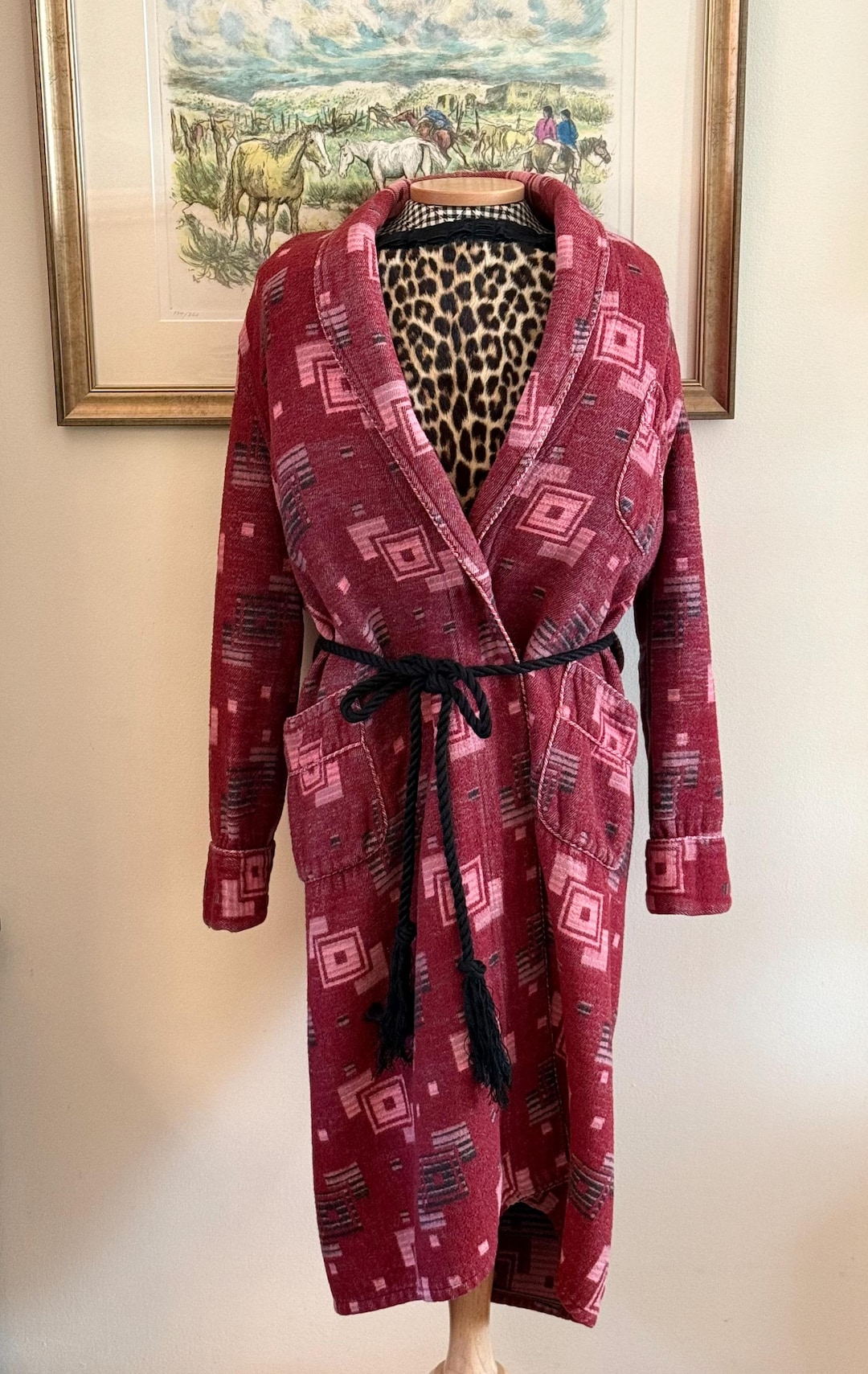 1930s 40s BEACON Blanket Robe, Art Deco Geometric, Maroon and Pink With ...