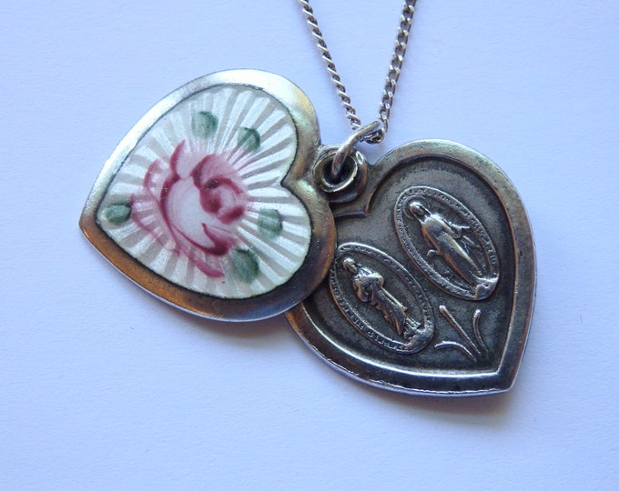 Vintage Catholic Miraculous Medal Sterling Silver DOUBLE SACRED HEART Slide Pendant Charm ...