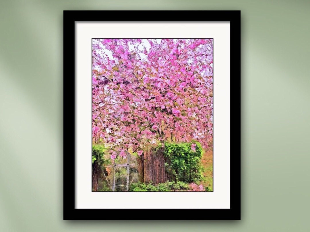 Flowering Cherry Tree and Greenhouse Framed Garden Landscape Oil ...