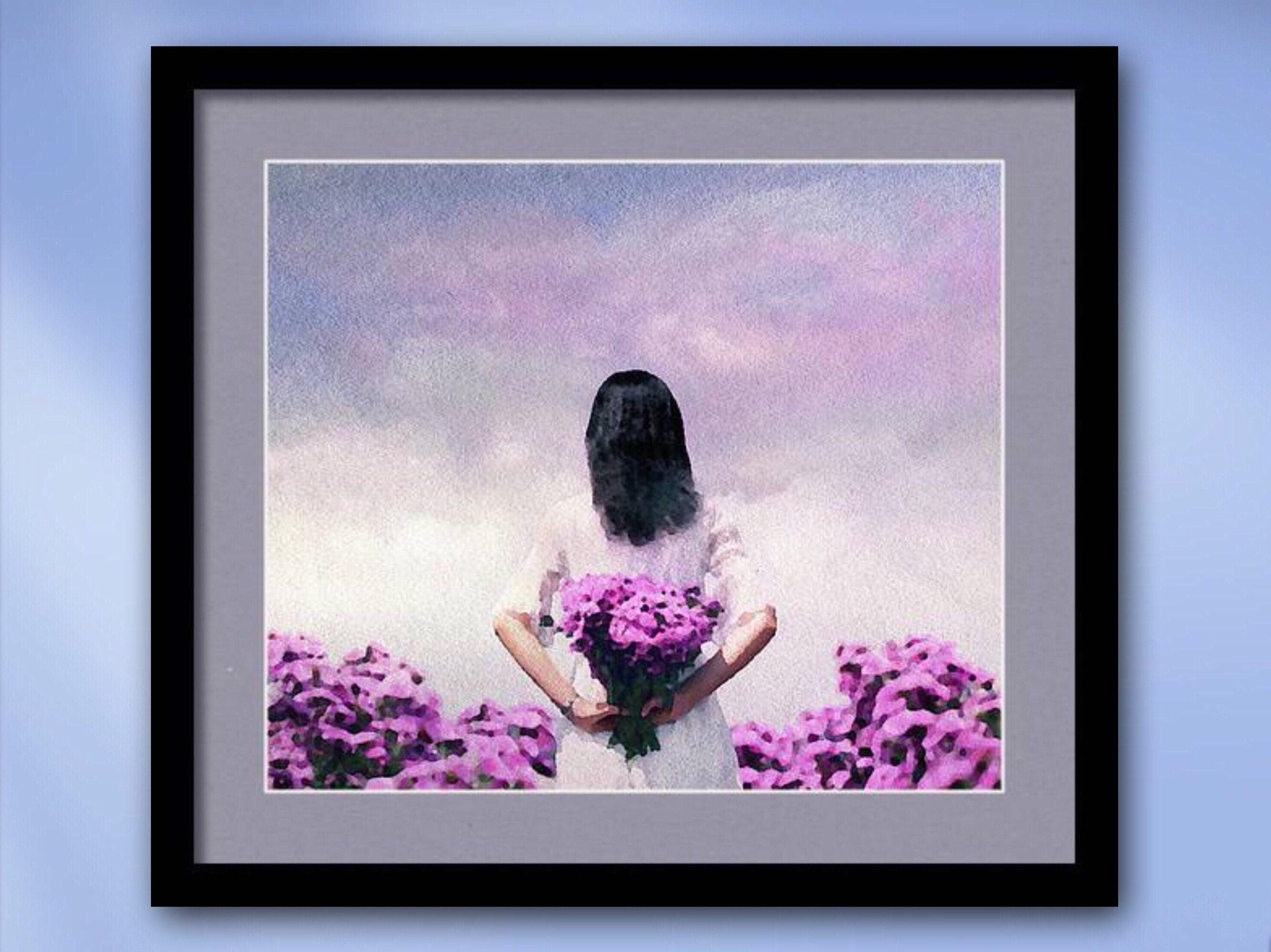 Woman Hiding Flower Bouquet Framed Watercolor Portrait Giclée - Etsy
