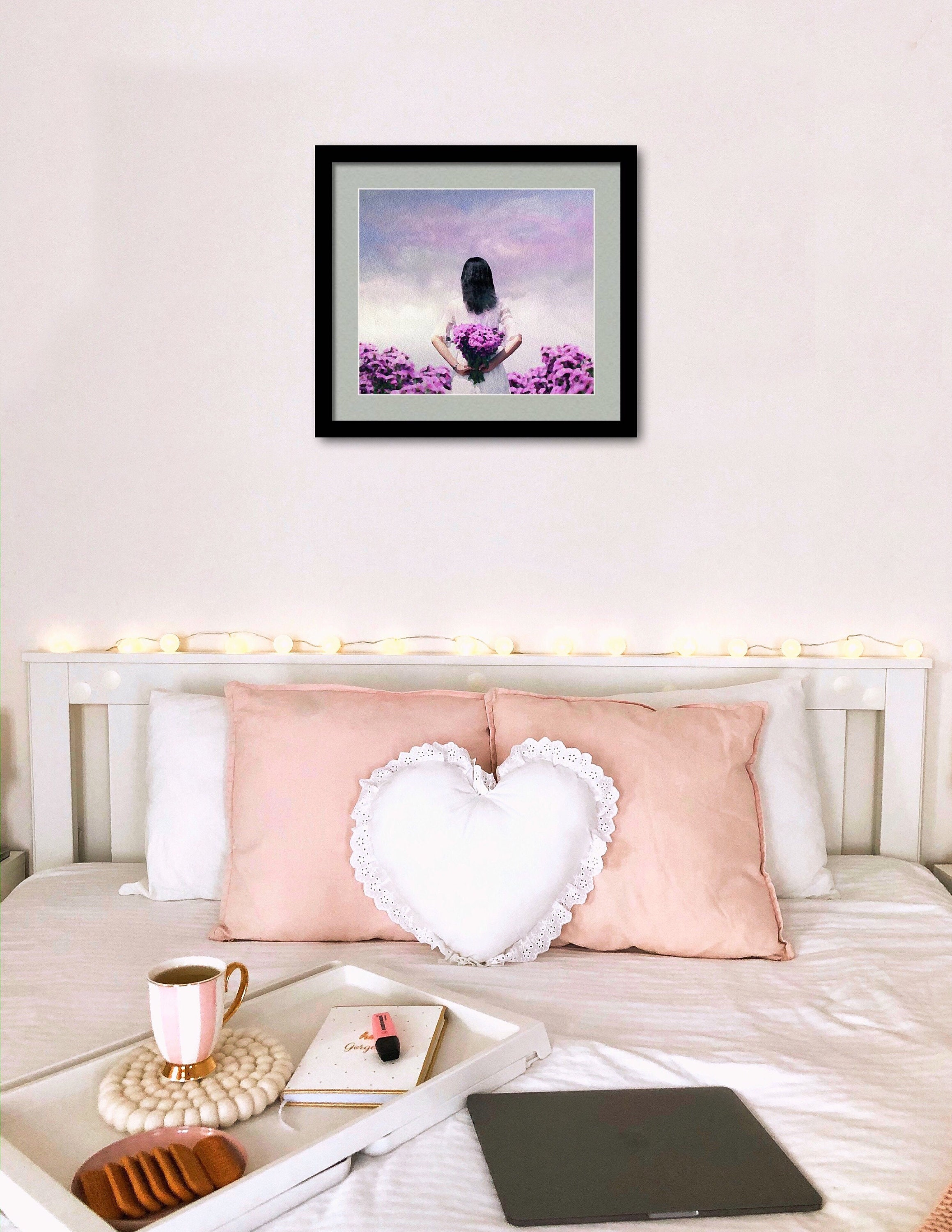 Woman Hiding Flower Bouquet Framed Watercolor Portrait Giclée - Etsy