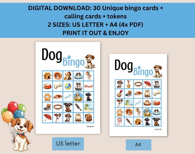 Dog Bingo, 30 Unique Bingo Cards Dog Theme, Dogs Bingo Game, Puppy ...