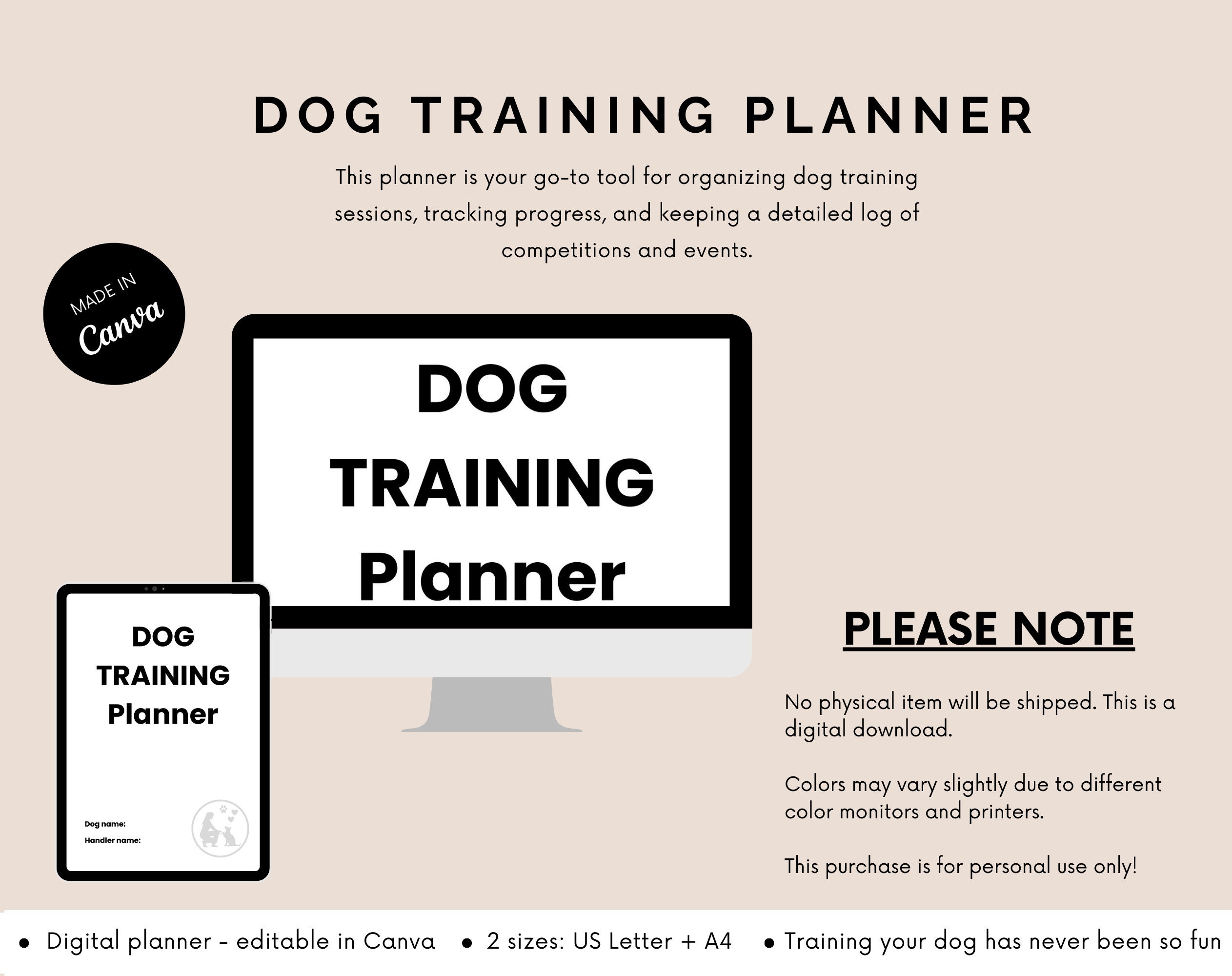 Dog Training, Agility, Planner, Editable Canva, Notebook, Tracking Log ...