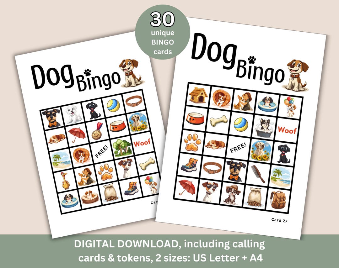 Dog Bingo, 30 Unique Bingo Cards Dog Theme, Dogs Bingo Game, Puppy ...