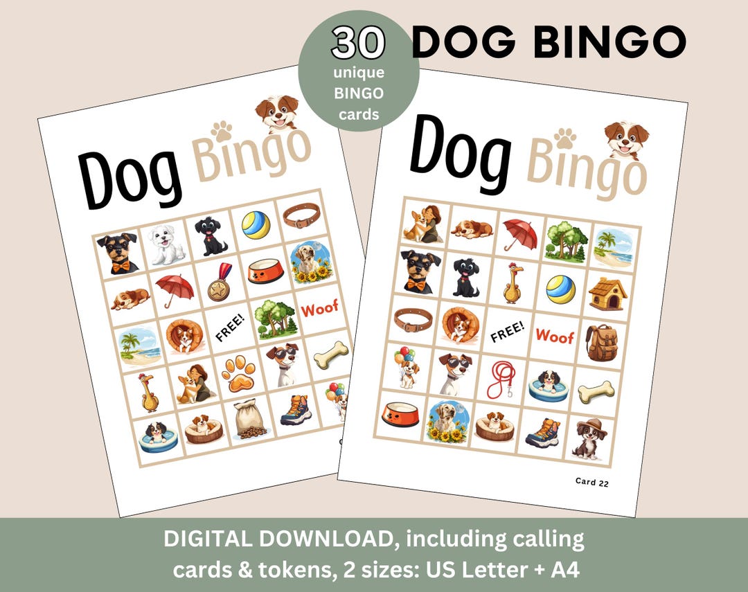Dog Bingo, 30 Unique Bingo Cards Dog Theme, Dogs Bingo Game, Puppy ...